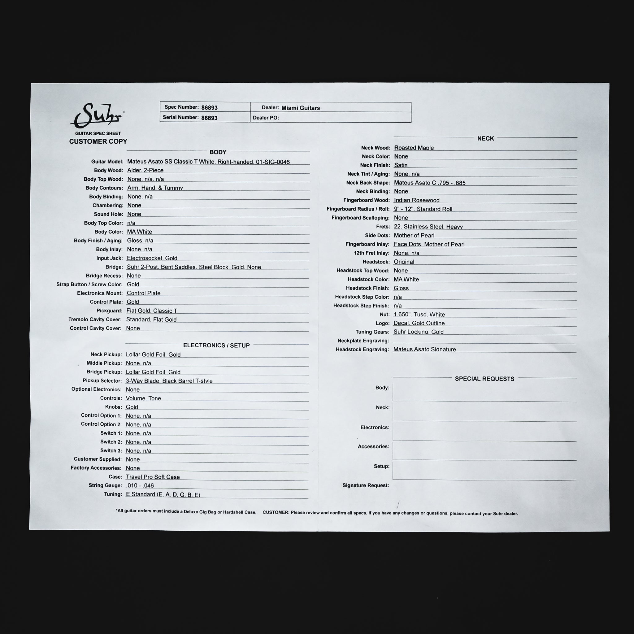 Suhr Mateus Asato Signture Series Classic T w/ Lollar Gold Foil Pickup ...